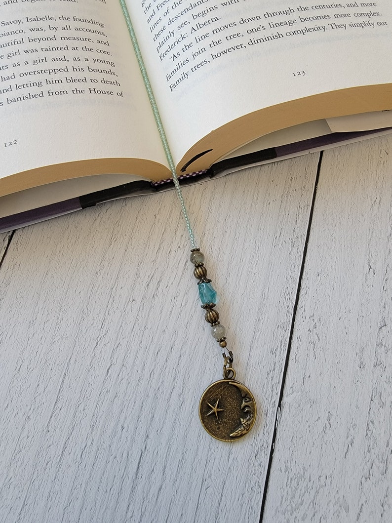 Apatite and Labradorite Beaded Bookmark With Bronze Moon and Owl Charms ...