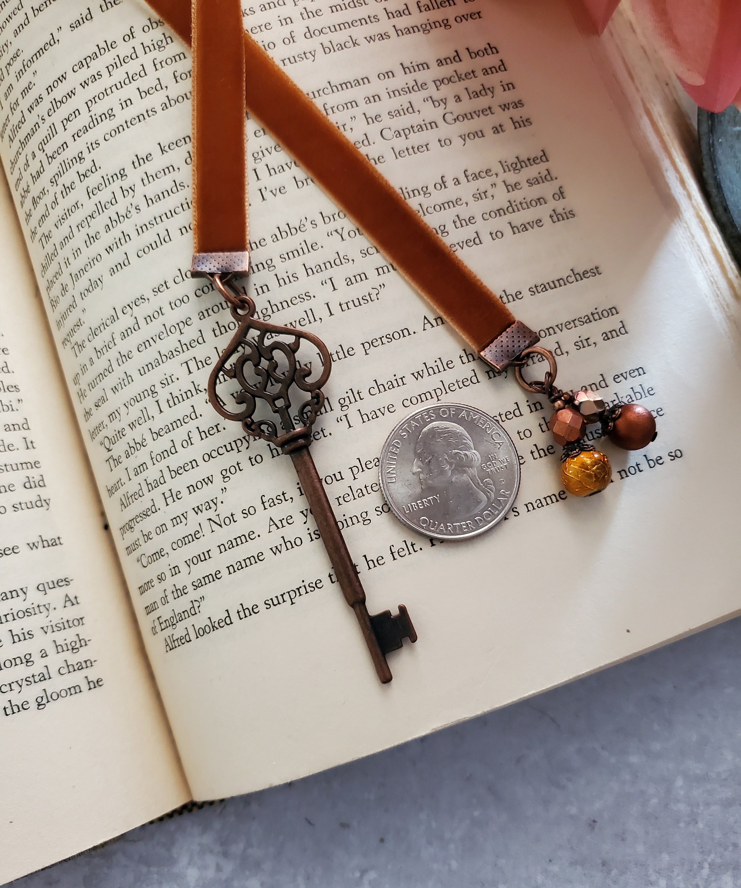 Copper Key Bookmark Velvet Ribbon Book Mark Reader Gift | Etsy