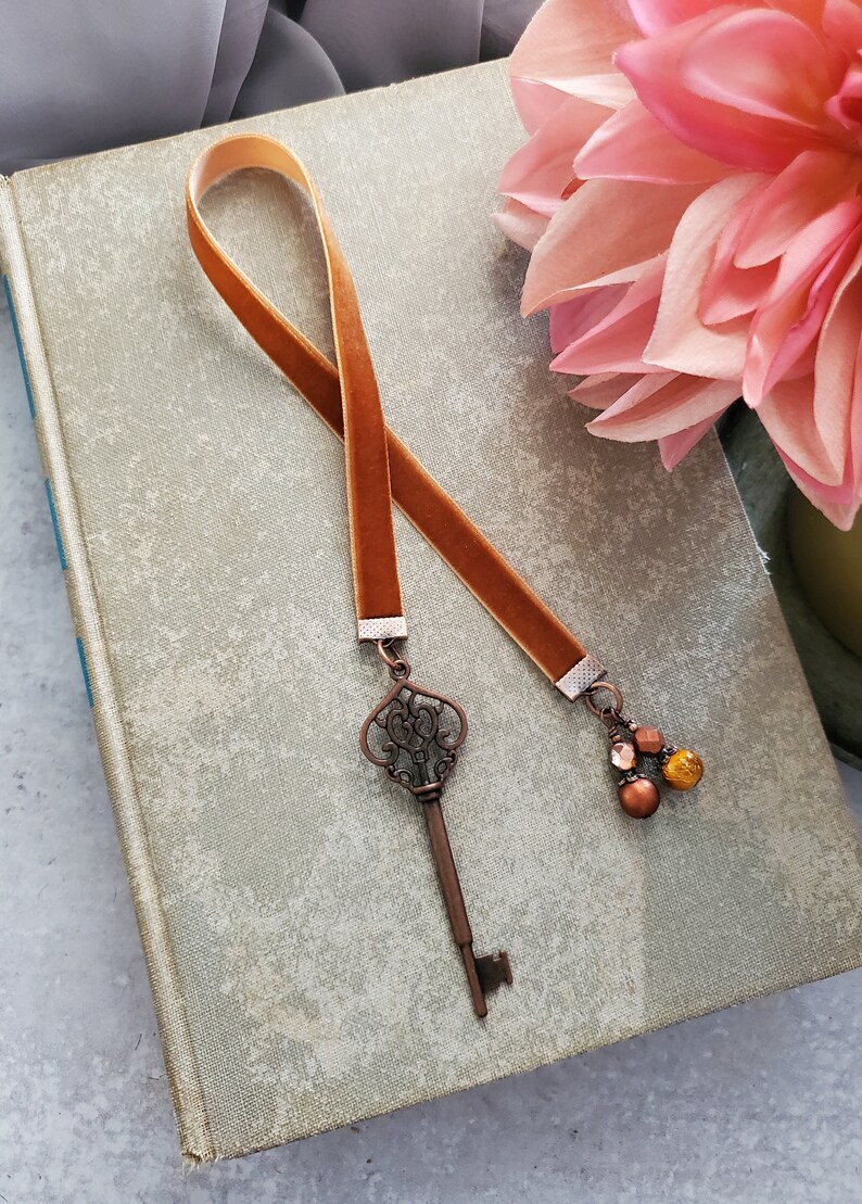 Copper Key Bookmark Velvet Ribbon Book Mark Reader Gift | Etsy
