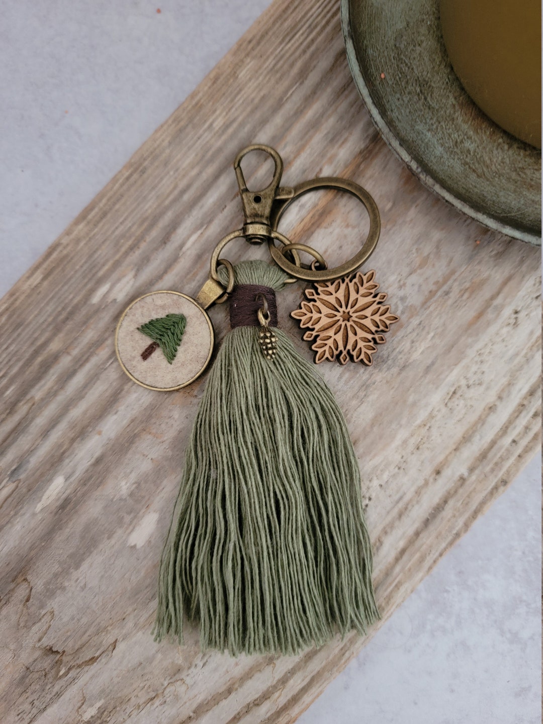 Rustic Winter Keychain, Christmas Pine Tree Tassel, Tiny Hand ...