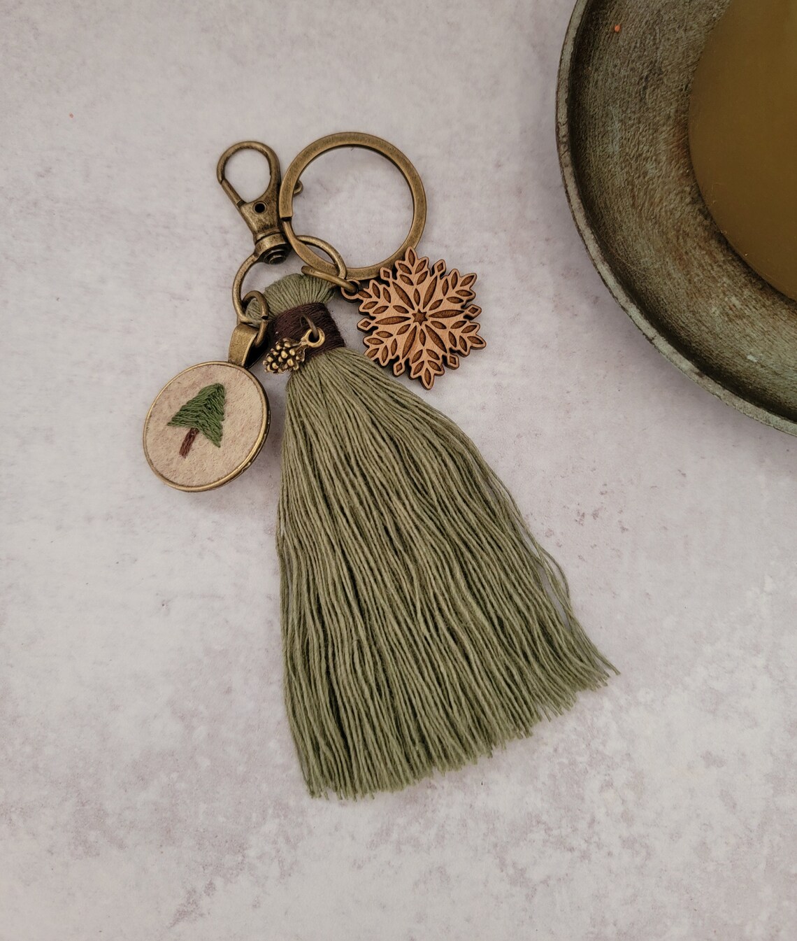 Rustic Winter Keychain Christmas Pine Tree Tassel Tiny Hand - Etsy