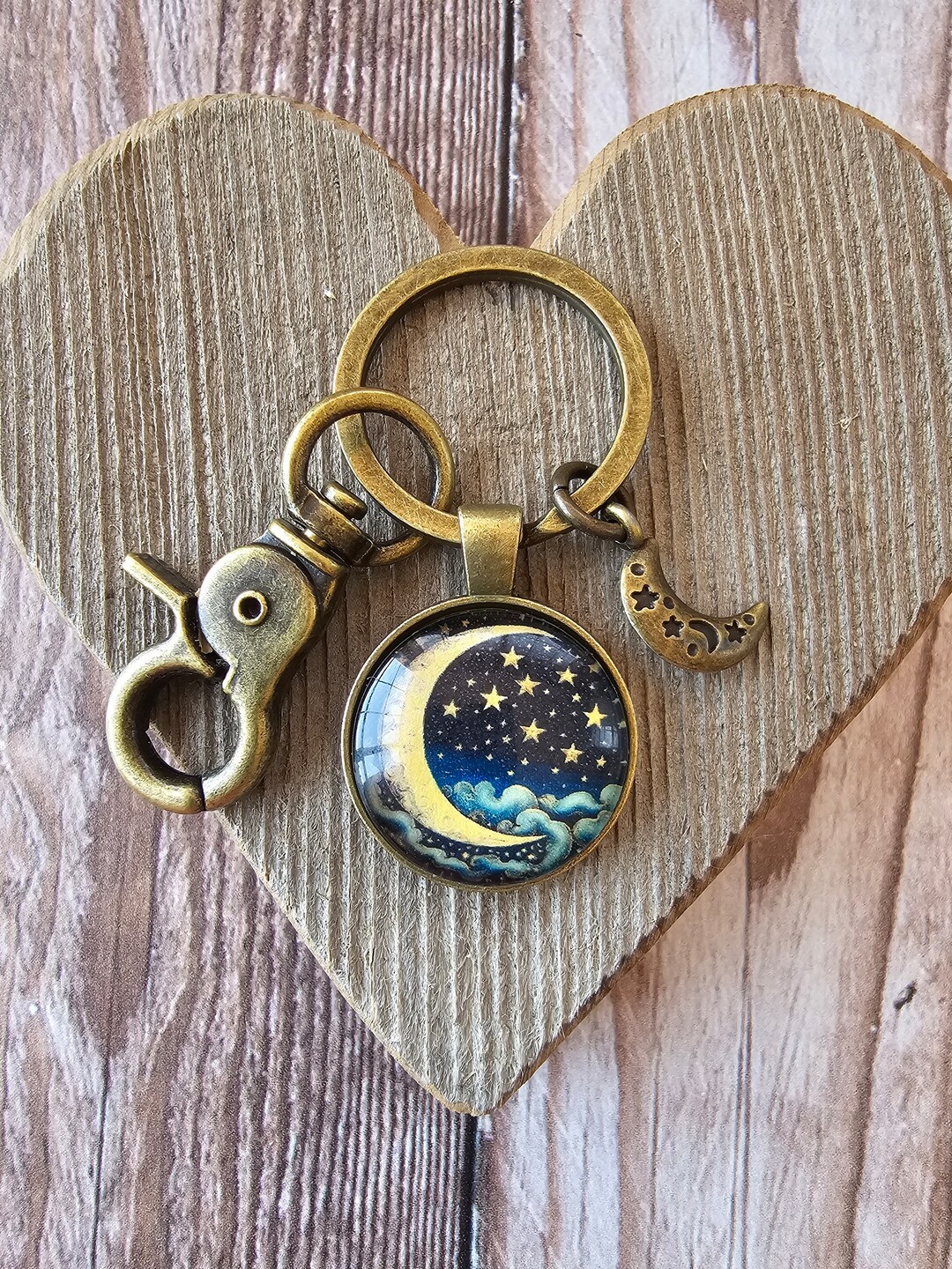 Moon and Stars Keychain With Bronze Plated Moon Charm - Etsy