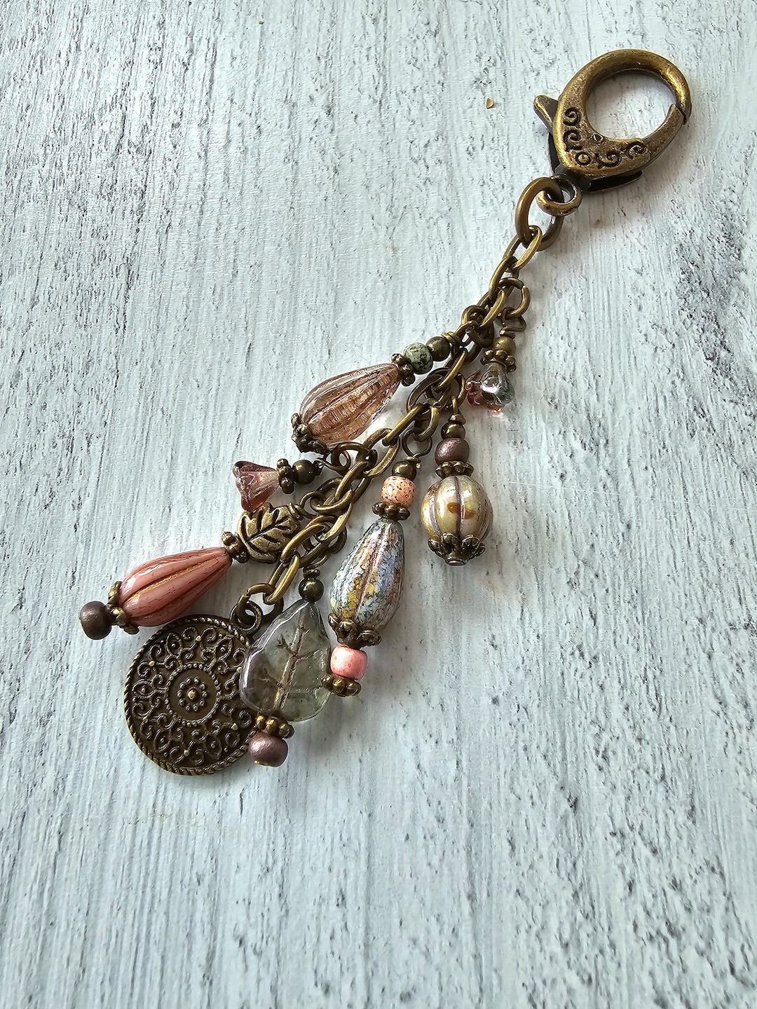 Boho Style Beaded Bag Charm Zipper Pull With Bronze Plated Charm - Etsy