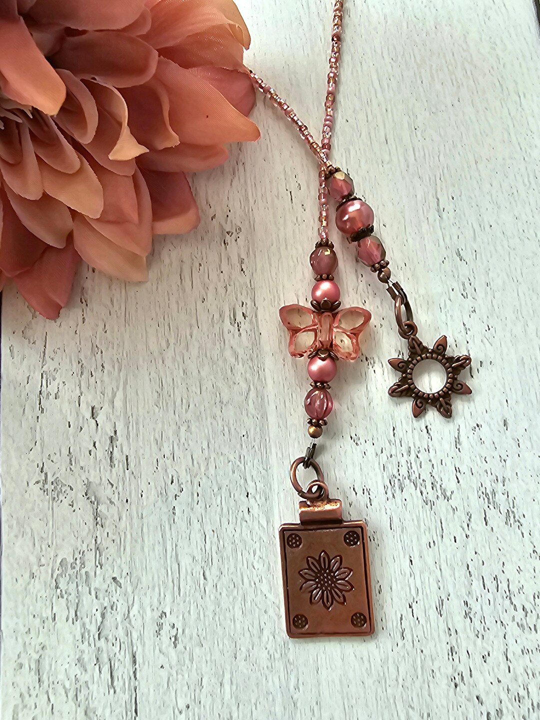 Butterfly Bookmark: Czech Glass Bead, Copper Flower Charm - Etsy UK