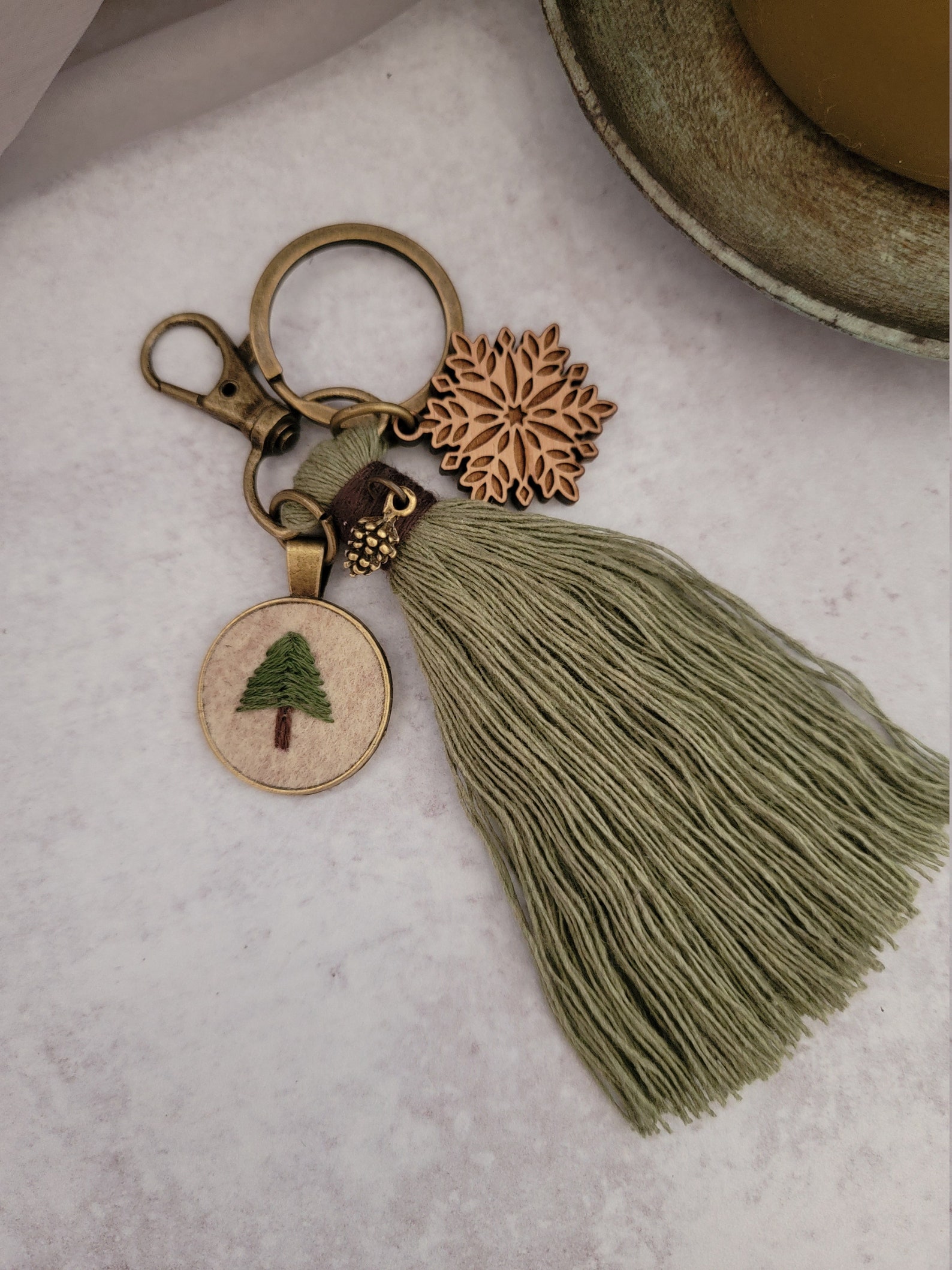 Rustic Winter Keychain Christmas Pine Tree Tassel Tiny Hand - Etsy