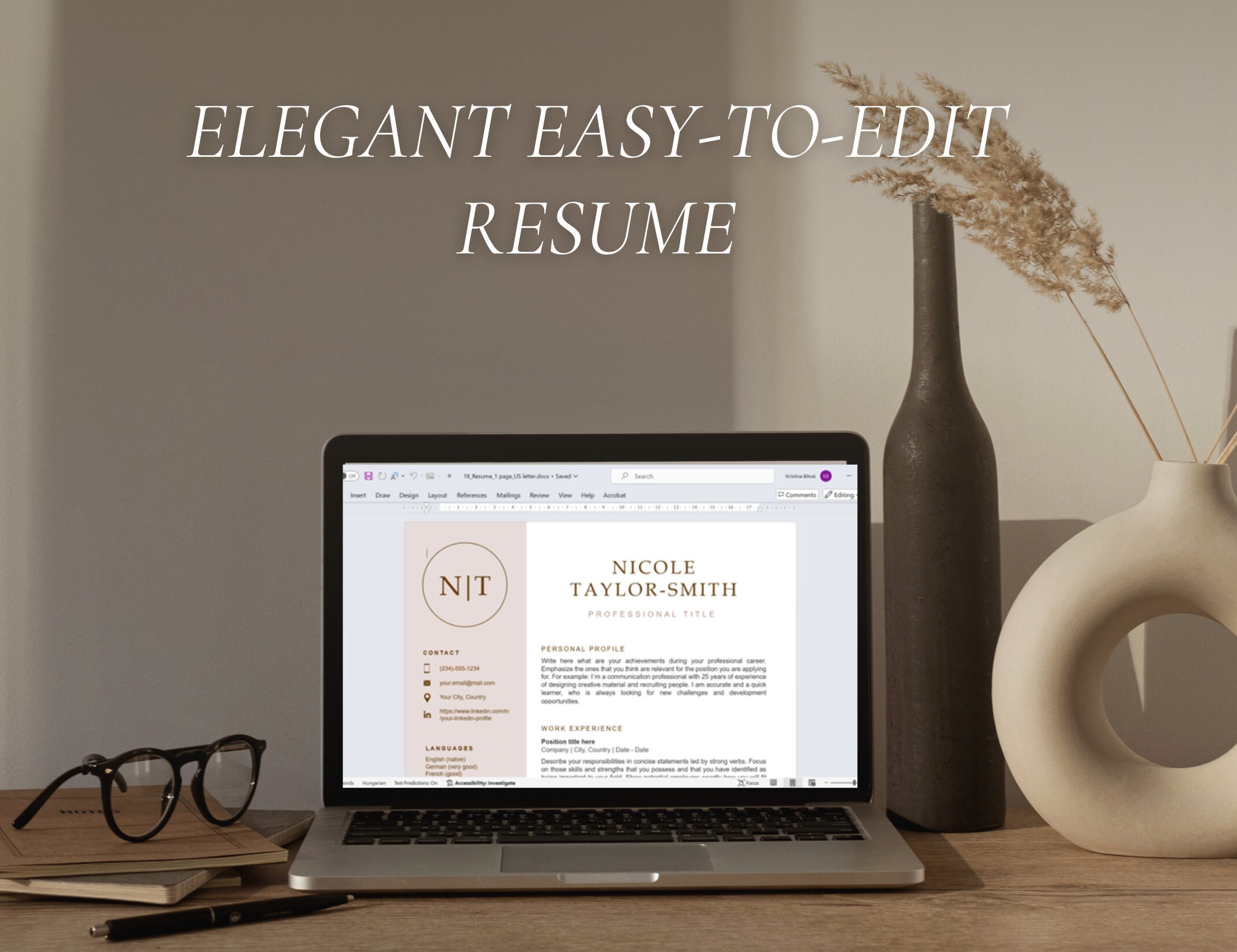 Resume Template Word, Monogram Resume, Modern Resume, Professional ...