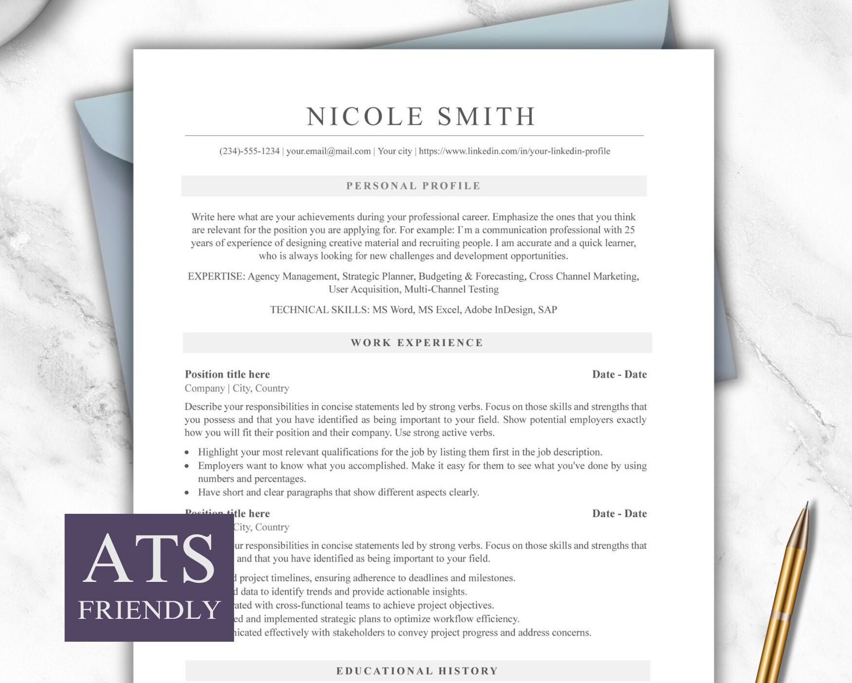 ATS Friendly Resume Template for Word, ATS Resume Template ...