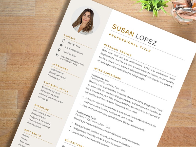 Resume Template Word, Modern CV, Elegant Resume Template With Photo - Etsy