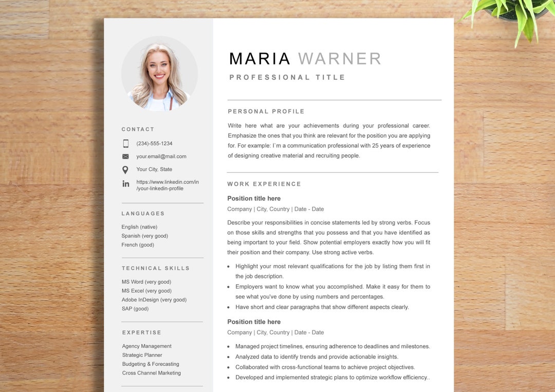 Professional Resume Template for Word, Instant Download, Easy to Use ...
