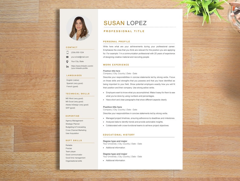 Resume Template Word, Modern CV, Elegant Resume Template With Photo - Etsy