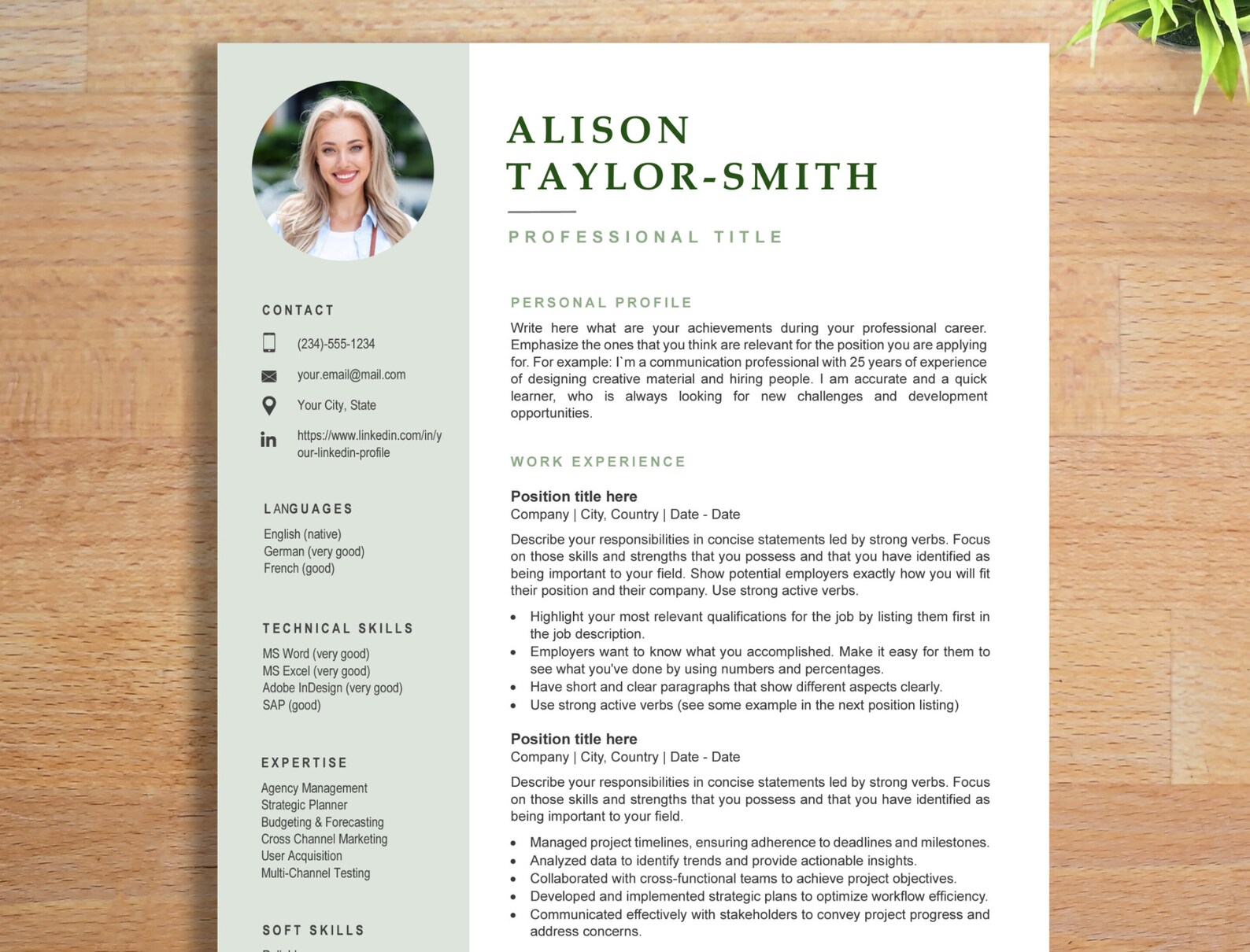Resume Template Word, Green Resume, Modern CV Template, Professional ...