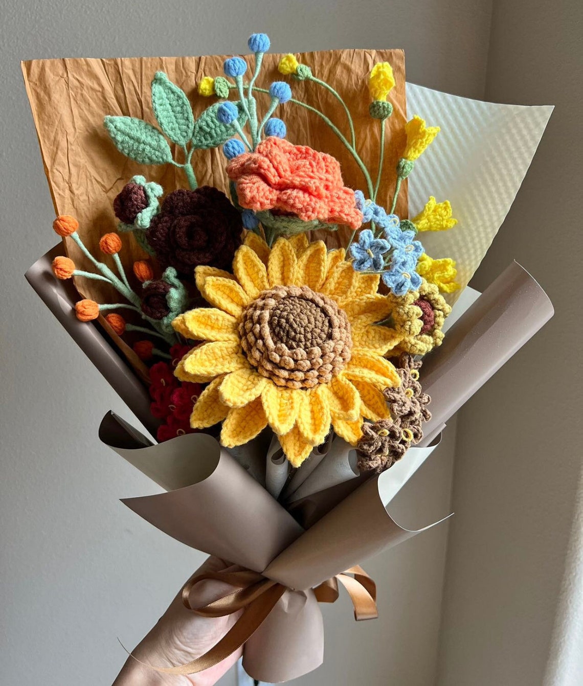 Crochet Flowers Bouquet, Colorful Flower Arrangement, Handmade Gift ...