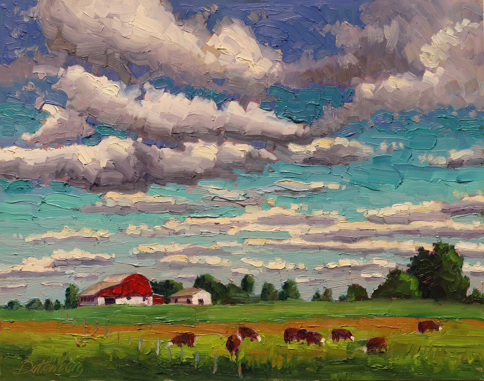Farmyard Oil Painting, Cows and Barns Painting, Cloud Oil Painting ...