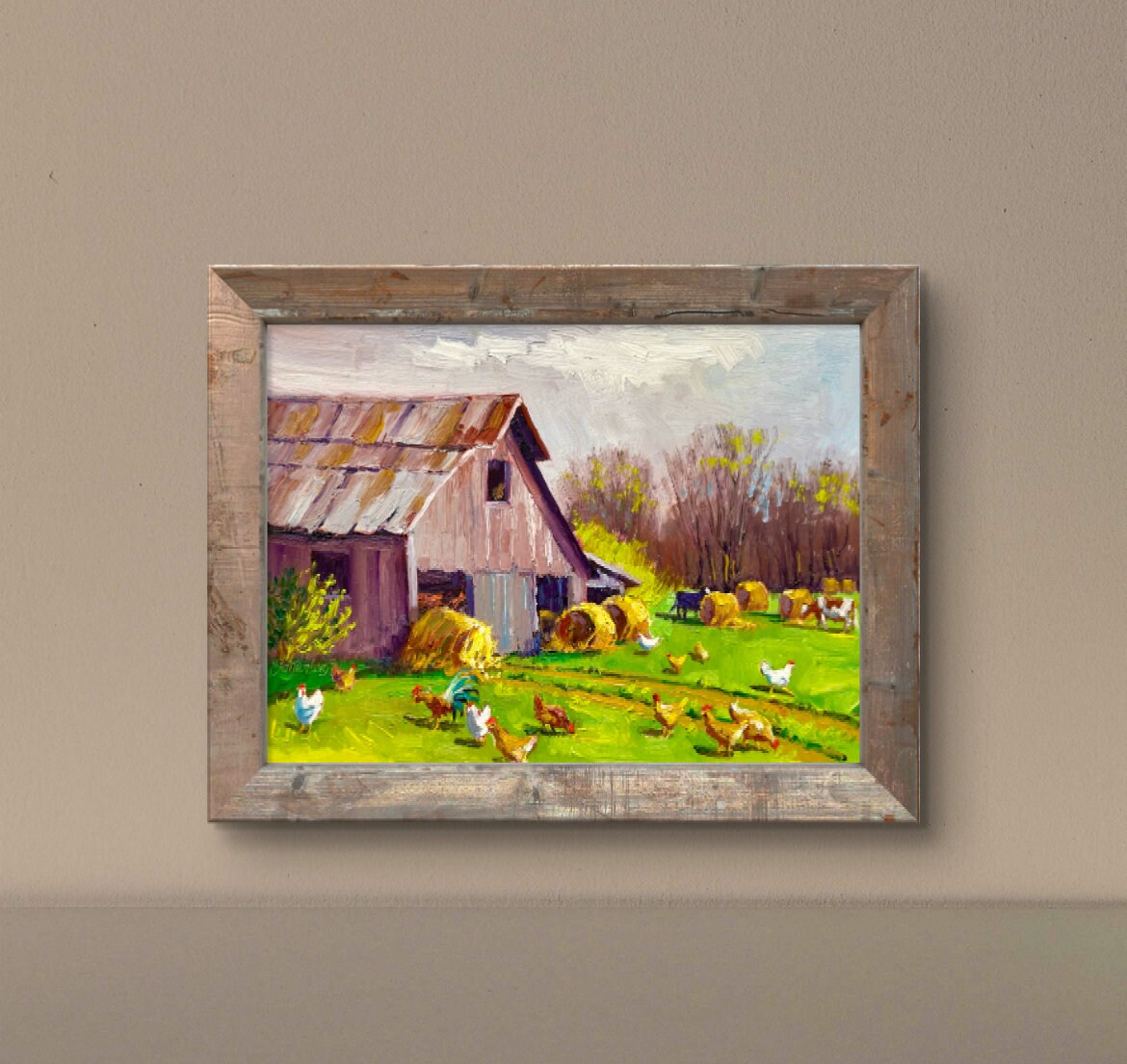 Farm Painting, Chickens and Rooster Painting, Hand Painted Oil, Barn ...