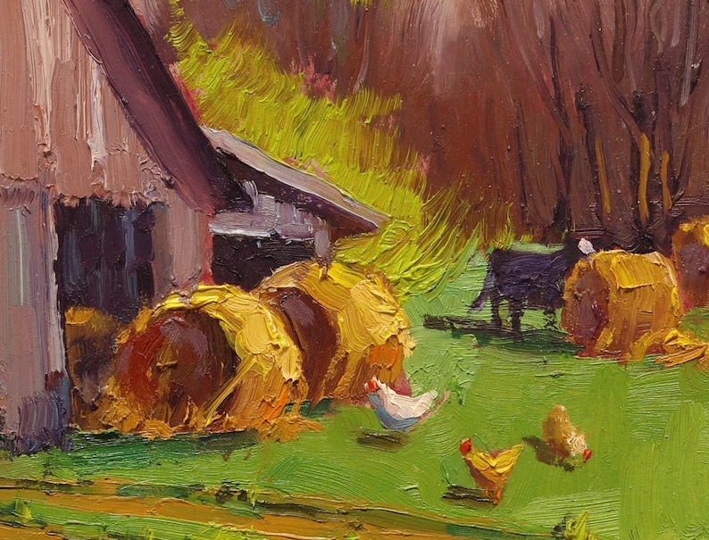 Farm Painting, Chickens and Rooster Painting, Hand Painted Oil, Barn ...