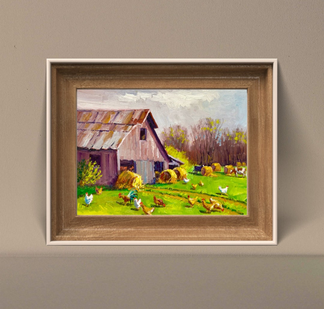 Farm Painting, Chickens and Rooster Painting, Hand Painted Oil, Barn ...