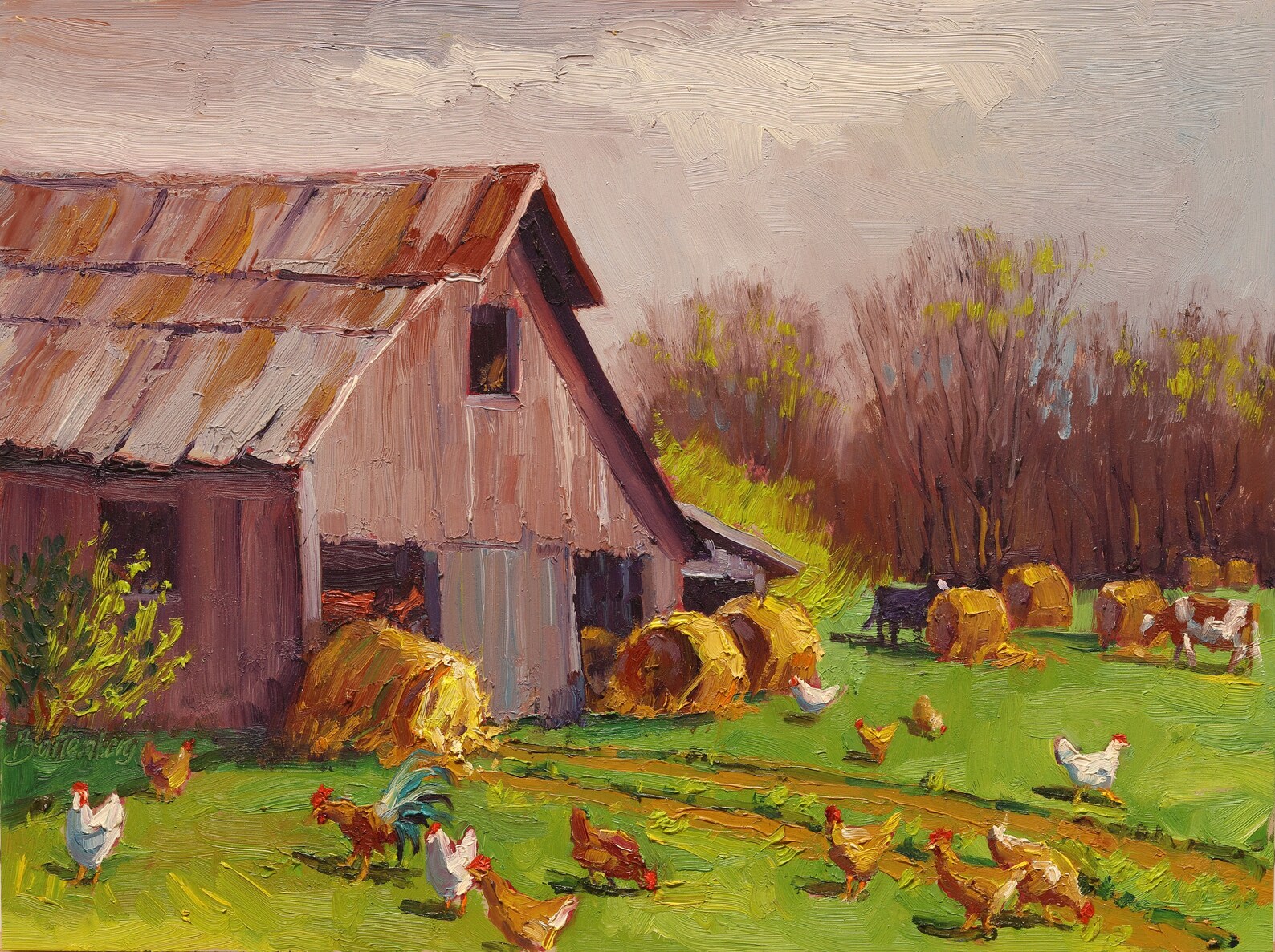 Farm Painting, Chickens and Rooster Painting, Hand Painted Oil, Barn ...