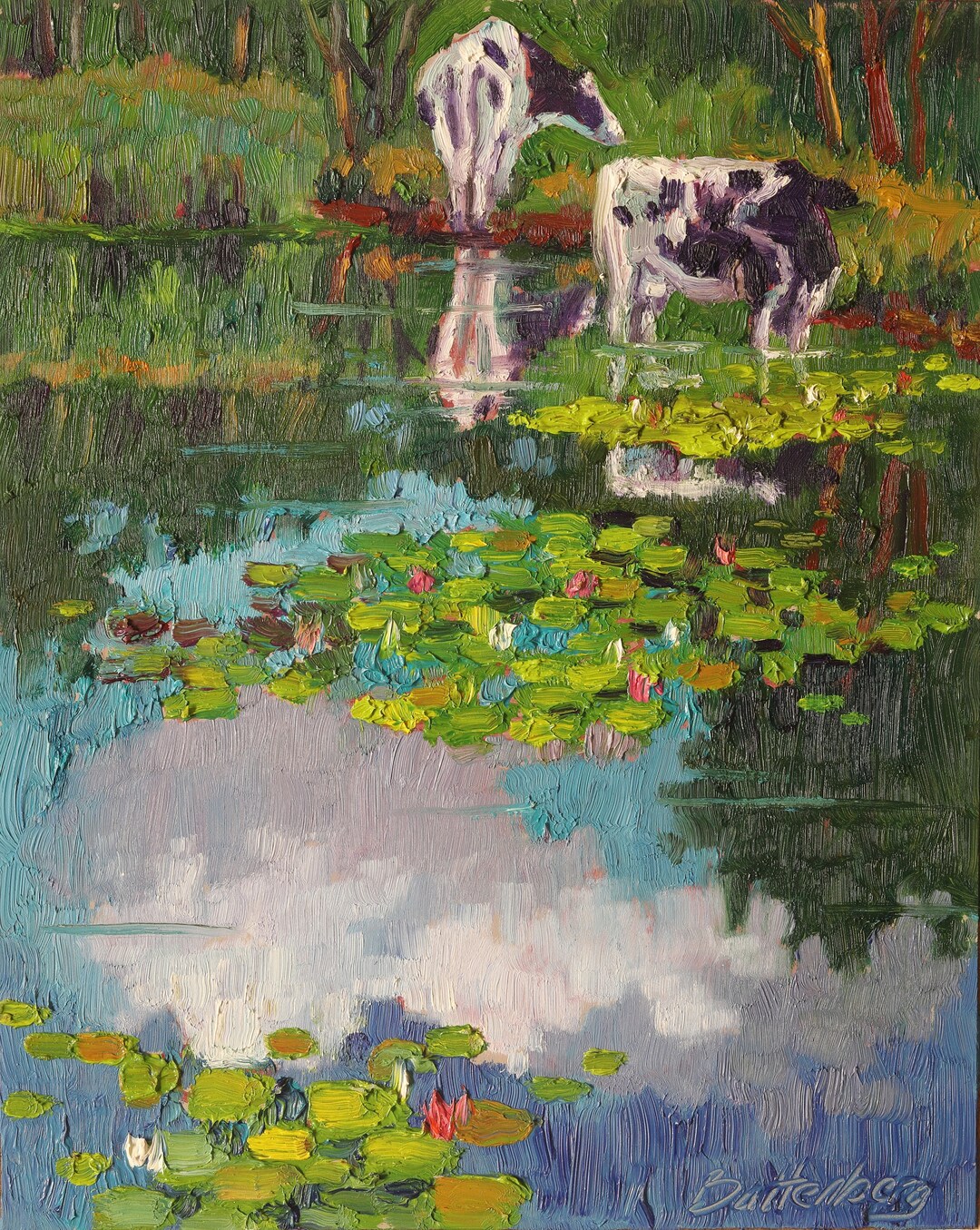 Cow Painting, Farm Painting, Pond and Lilly Pads, Country Painting ...