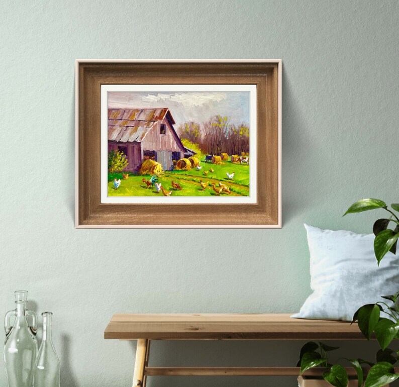Farm Painting, Chickens and Rooster Painting, Hand Painted Oil, Barn ...