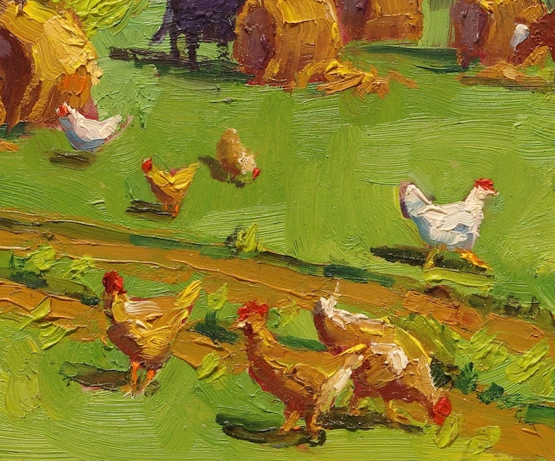 Farm Painting, Chickens and Rooster Painting, Hand Painted Oil, Barn ...