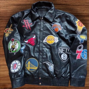 NBA Teams Collage Leather Black Jacket - Hand Made Customized Jacket - Etsy