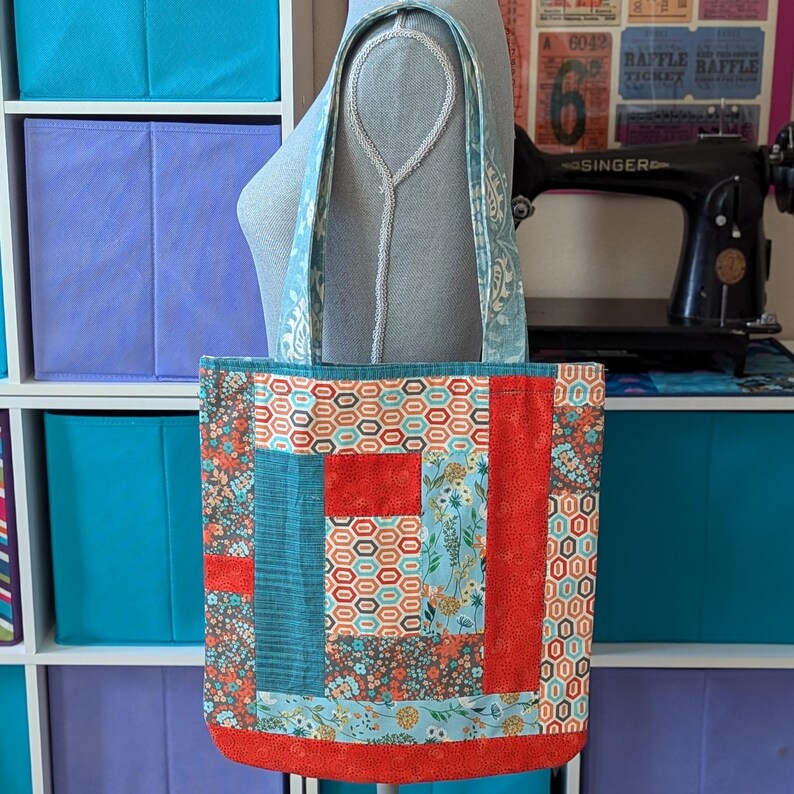 Aqua And Orange Scrappy Patchwork Tote Bag Blue Tapestry Canvas
