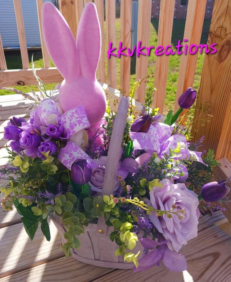 Easter Centerpiece With Pink Flocked Bunny & Eggs – Spring Basket ...
