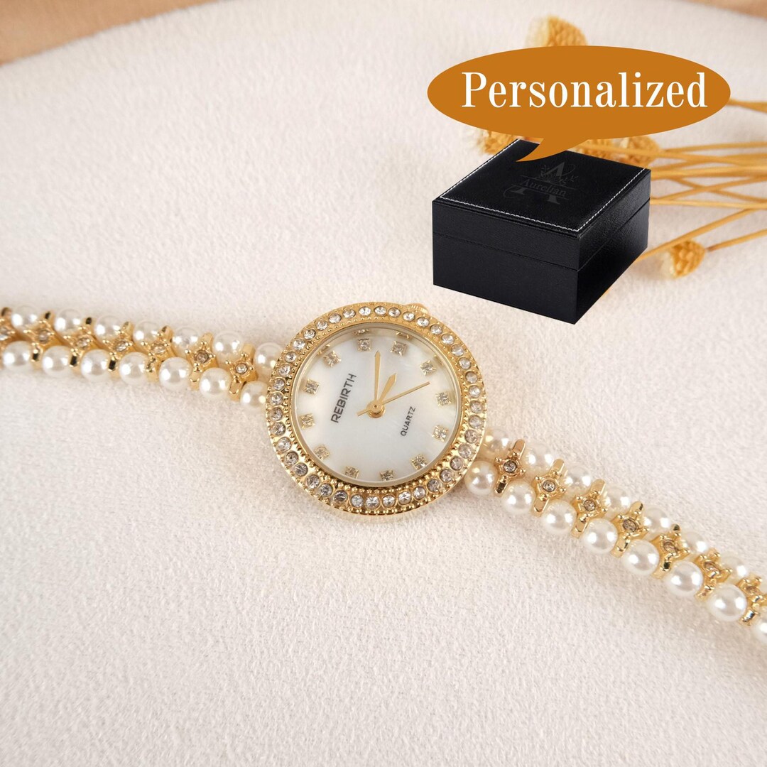 Watch With A Personalized Watch Box, Womens Gold Watch, Real Pearl ...