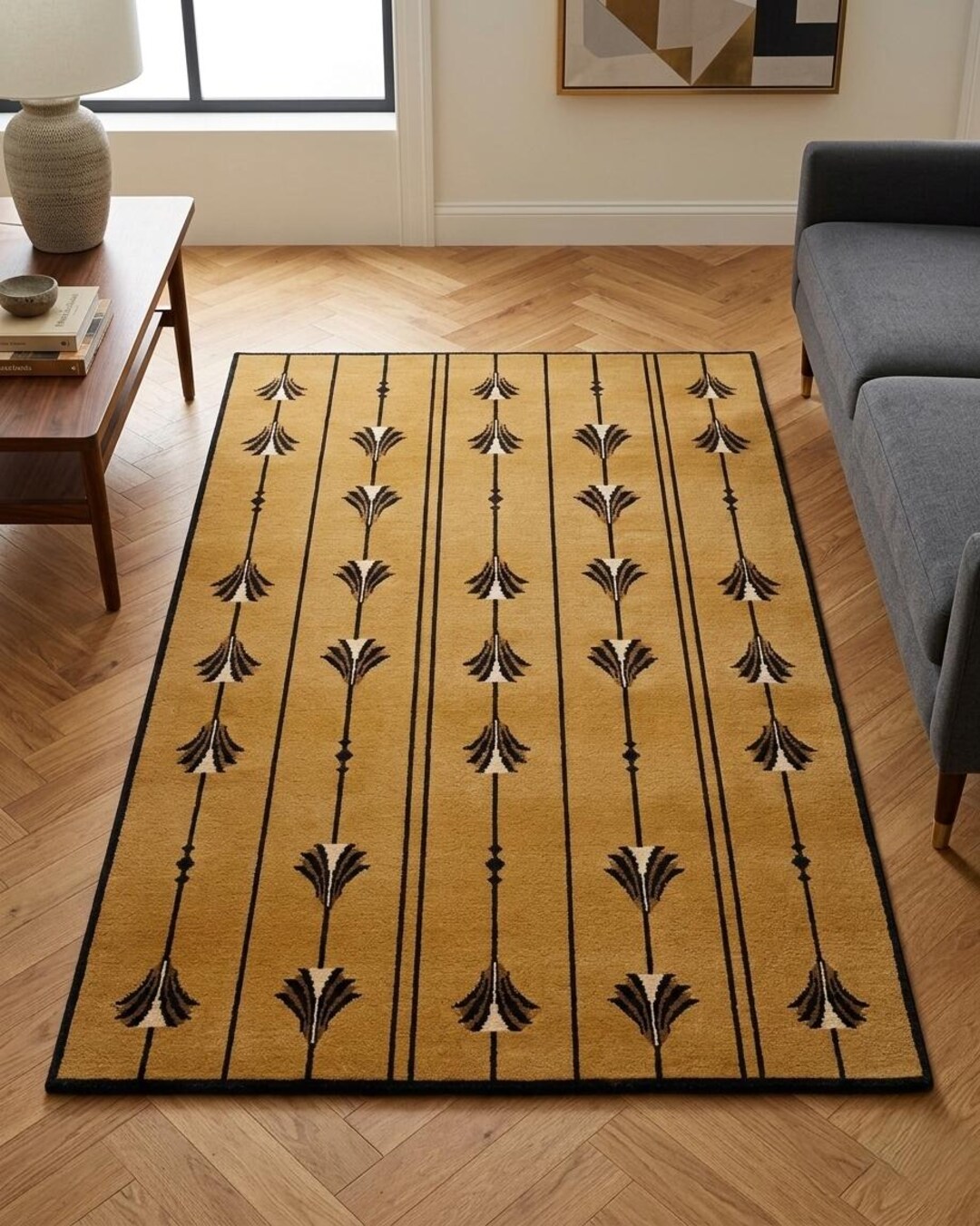 Art Deco Mid Century Modern Ochre & Black Area Rug | Hand Knotted for ...