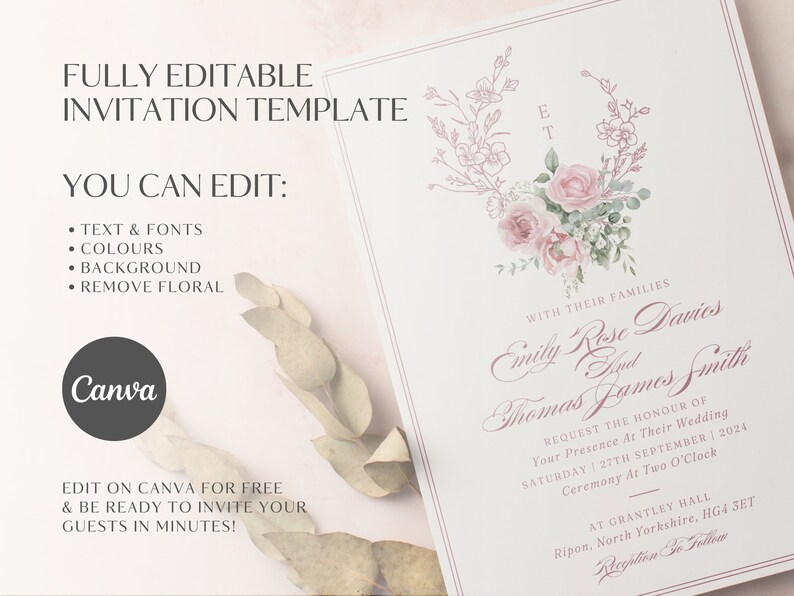 Printable Editable Canva Invitation Template, Modern Romantic Floral ...