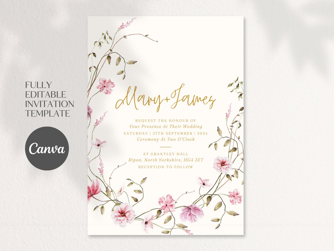 Printable Editable Canva Invitation Template, Modern Romantic Floral ...