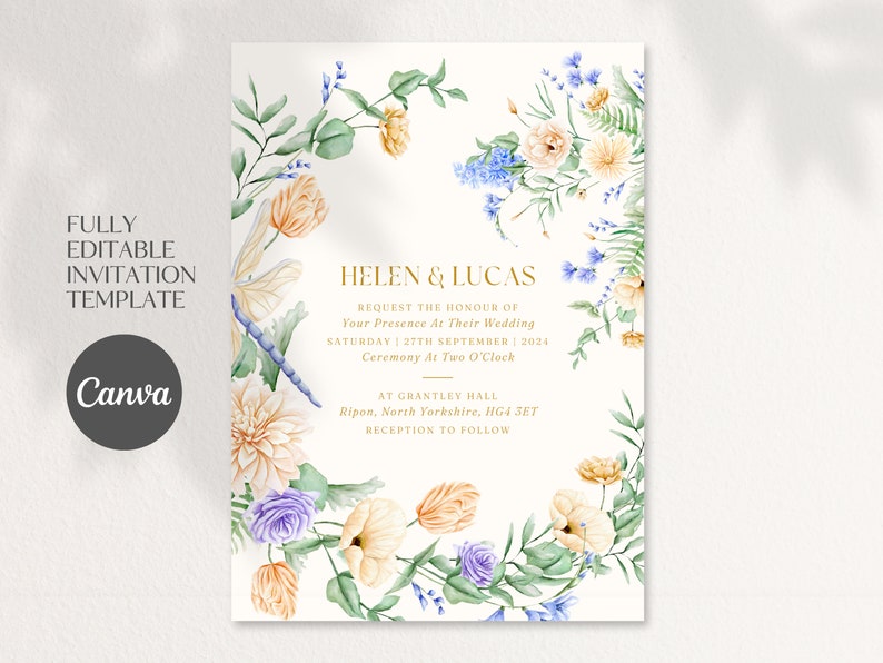Printable Editable Canva Invitation Template, Modern Romantic Floral ...