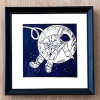 Astronaut Abduction Linocut Print – Sci-fi Block Print, Handmade Space ...