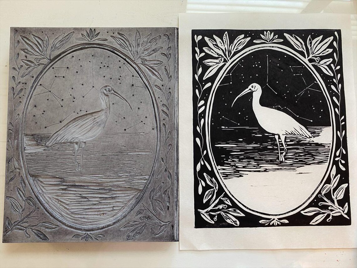 Ibis Linocut - Original Art Print - Hand-printed Florida Bird Block ...
