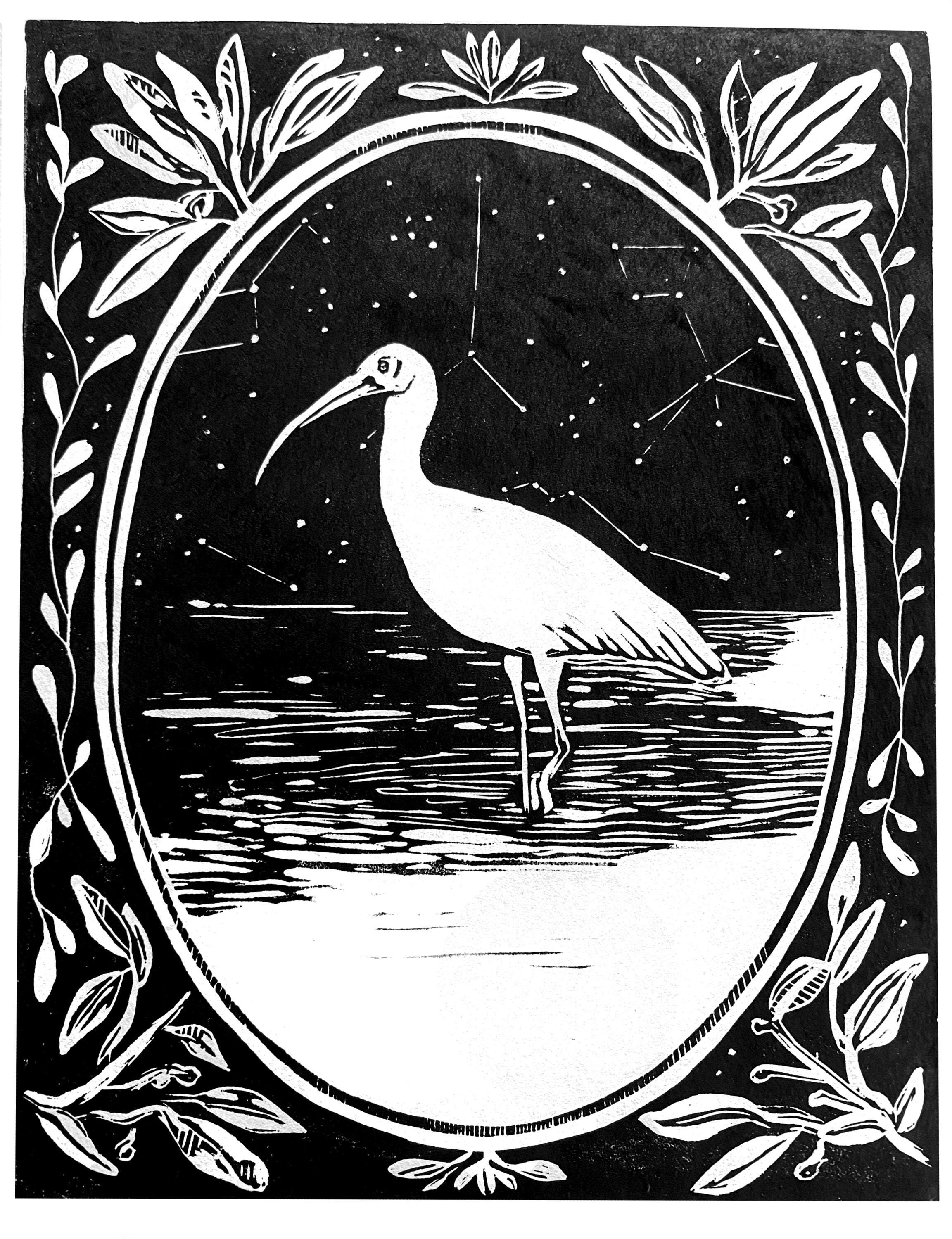Ibis Linocut - Original Art Print - Hand-printed Florida Bird Block ...