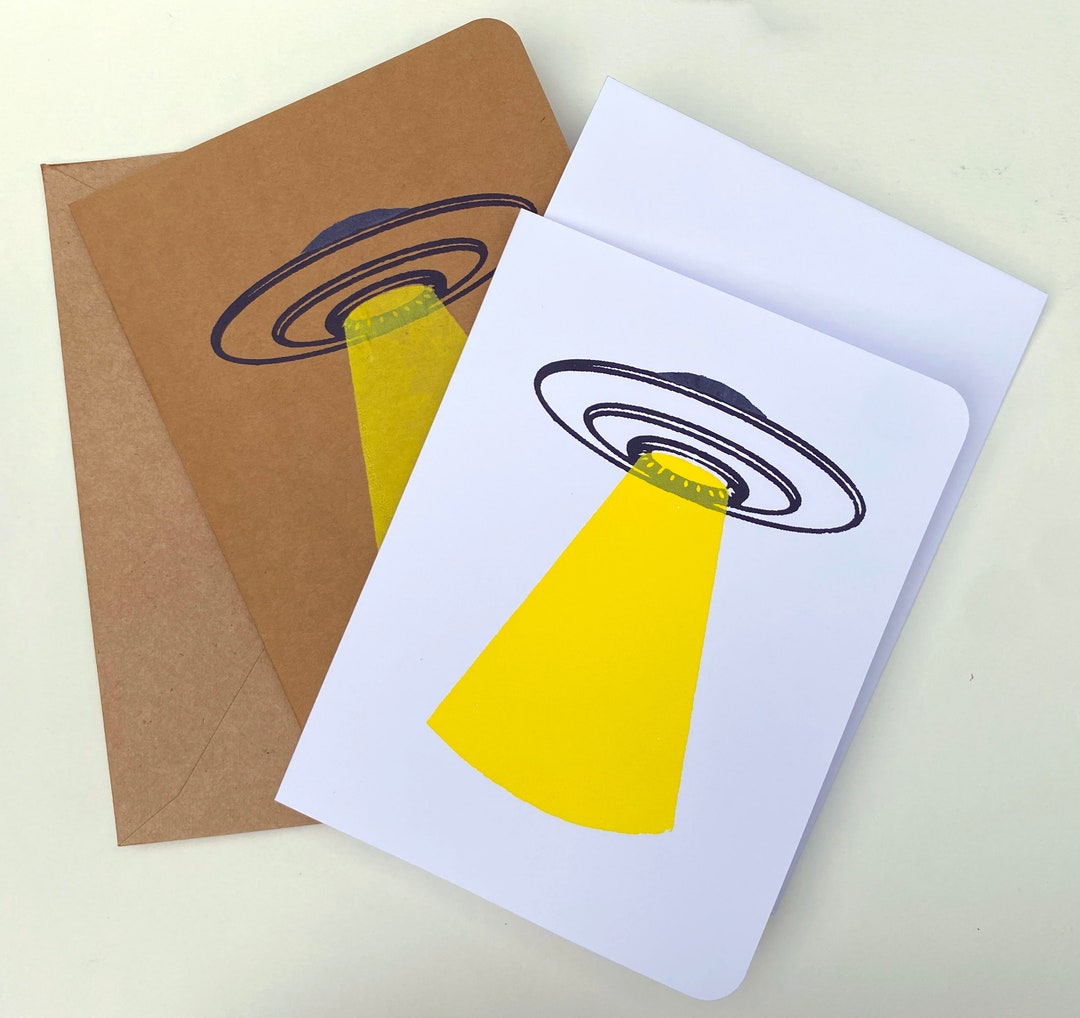 Space Ship "beam Me Up" UFO Hand-printed Card - Blank Inside Note Card ...