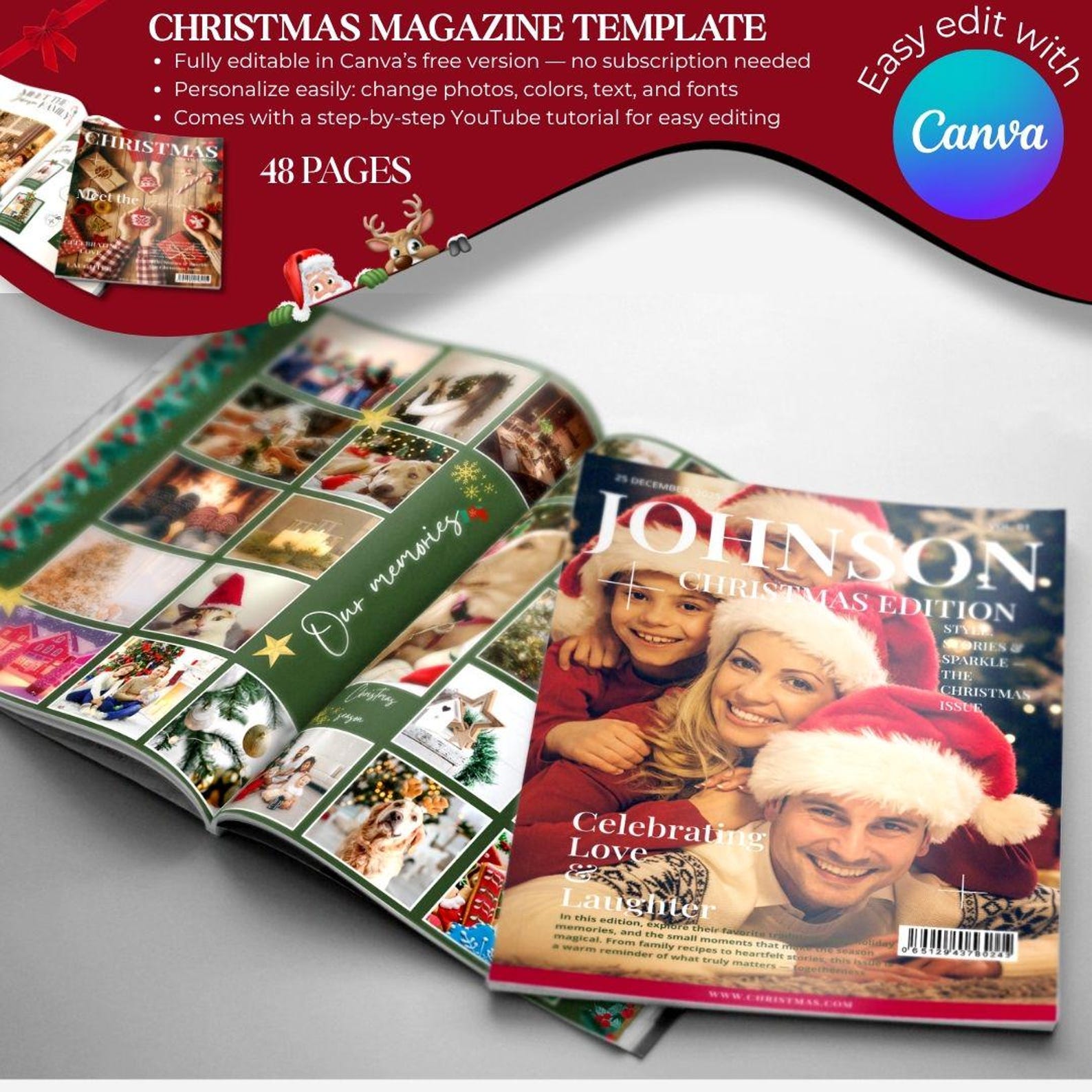 Family Christmas Magazine Template | Editable Canva Template ...