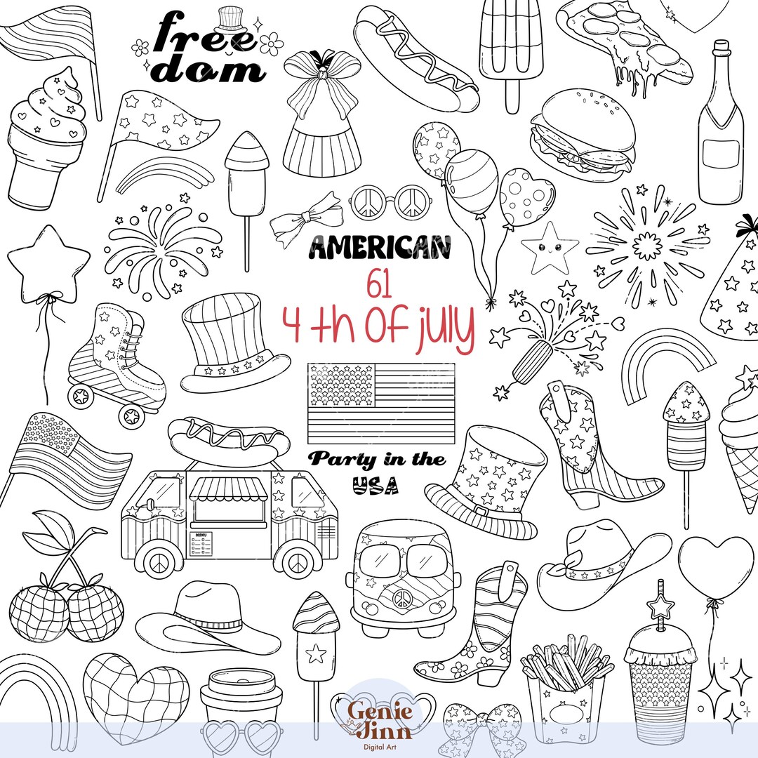 4th of July Outline Stamp Clipart, Independence Day, American Clipart ...