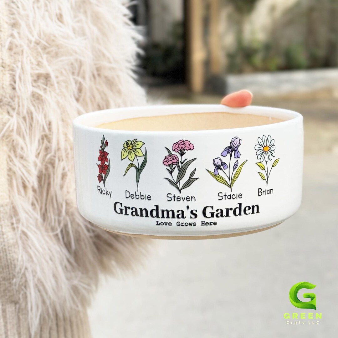 Personalized Birth Flower Plant Pot: Grandma's Garden Ceramic Planter ...
