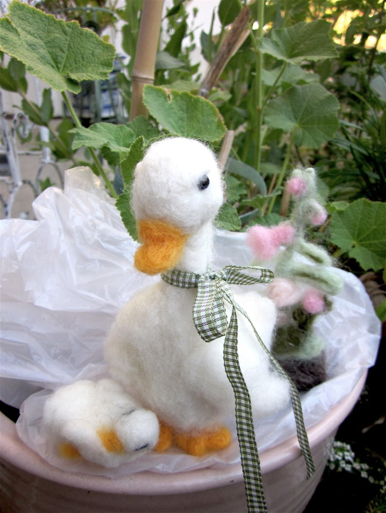 Needle Felted Mother and Baby Duck Dolls, Log and Flowers/ Heirloom ...