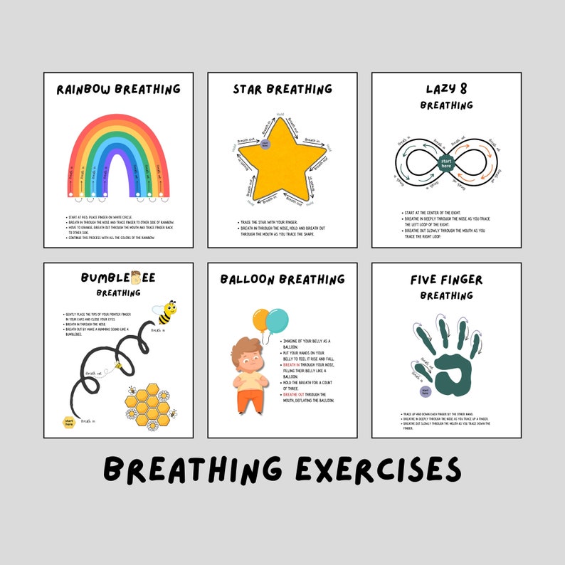 Breathing Exercises Poster for Kids, Set of 6, Calming Corner Print ...