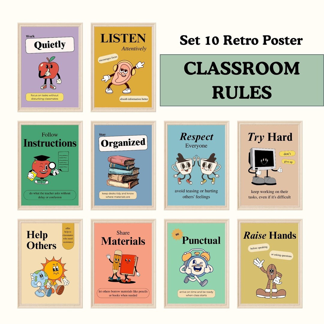 Classroom Rules Poster Set, Retro Class Rules Printable, School ...