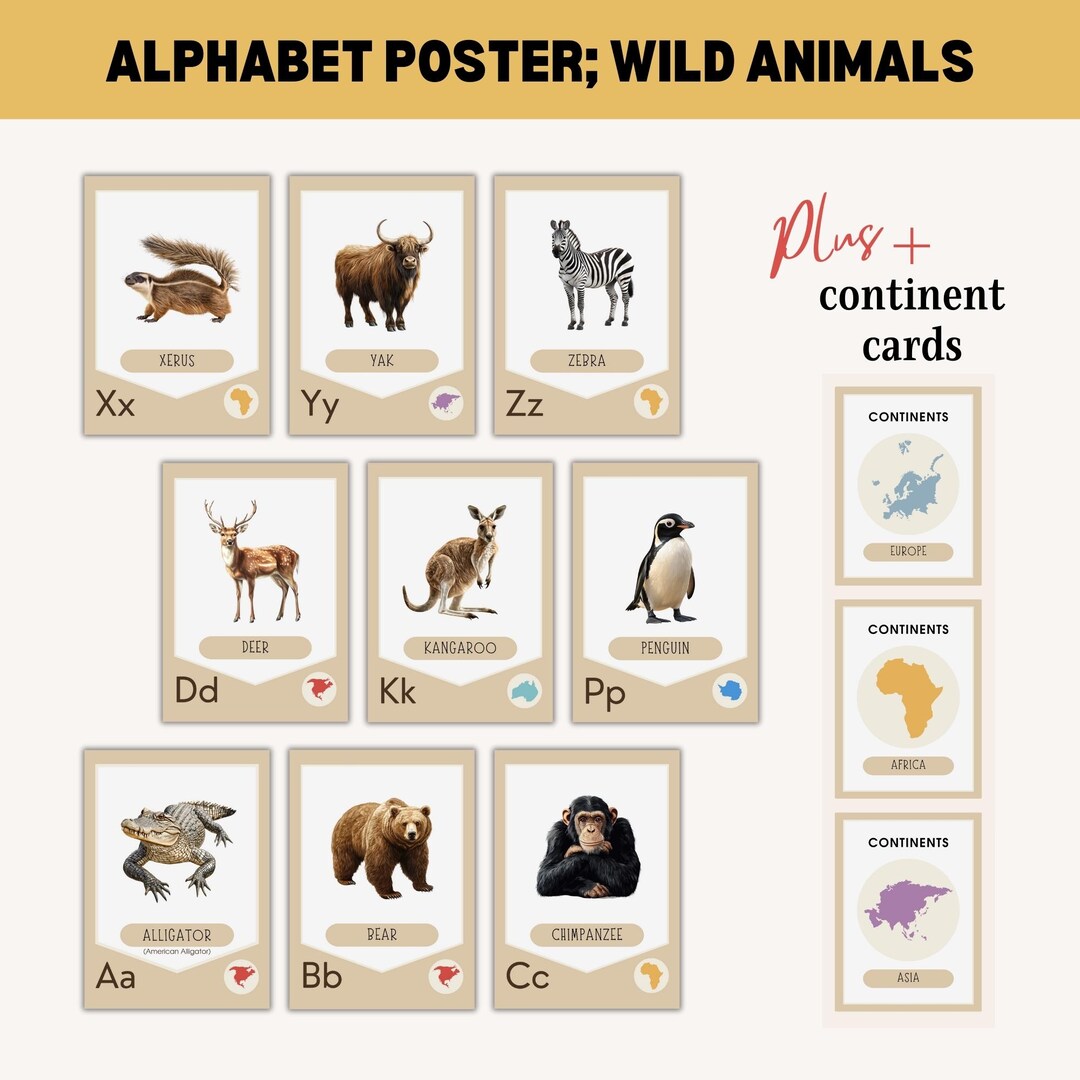 Alphabet Poster Card Set, Printable Card for Kids, Wild Animals ...