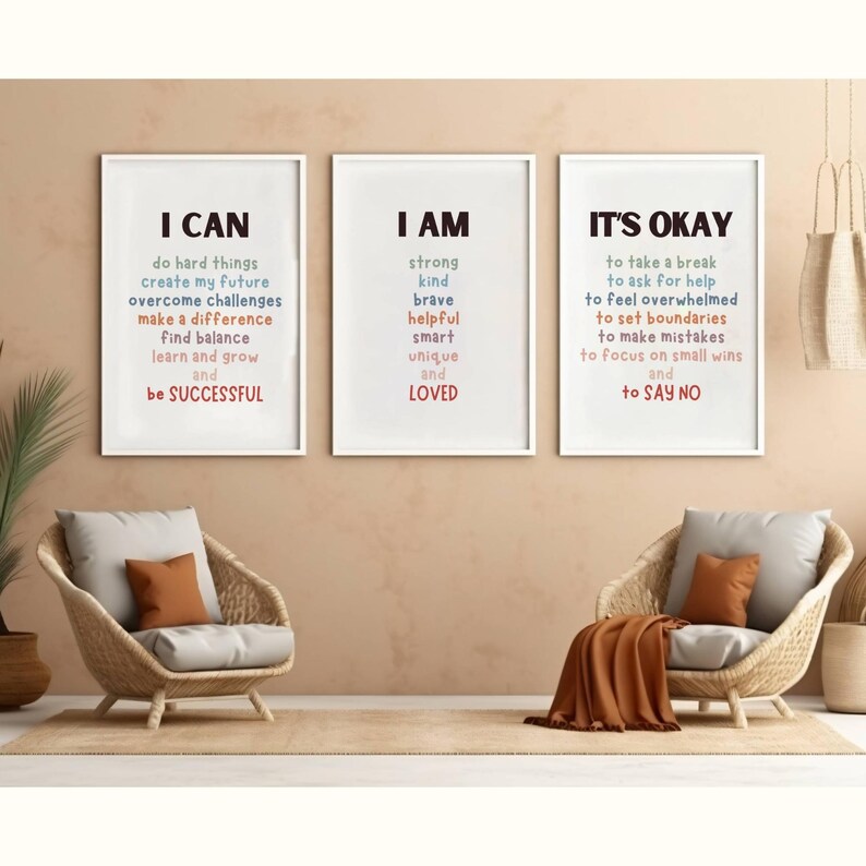 Affirmations for Kids Posters, Set of 3, I Am I Can Wall Art Print ...