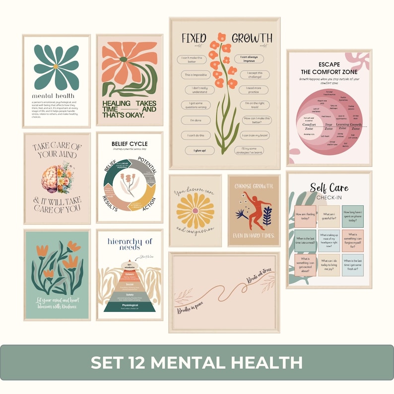 Mental Health Posters Digital, Set of 12, Flower Psychology Wall Art ...