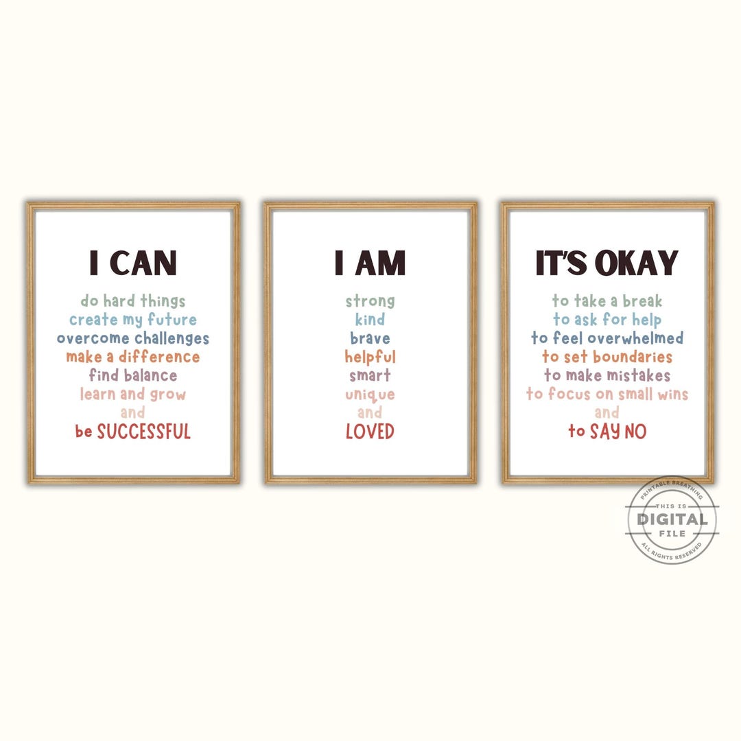 Affirmations for Kids Posters, Set of 3, I Am I Can Wall Art Print ...