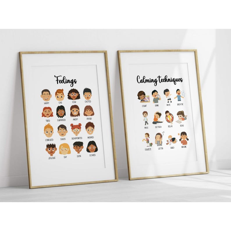 Feelings Chart Emotions Poster for Kids, Set of 2 Art Prints, Calming ...
