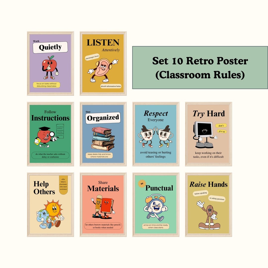 Classroom Rules Poster Set, Retro Class Rules Printable, School ...