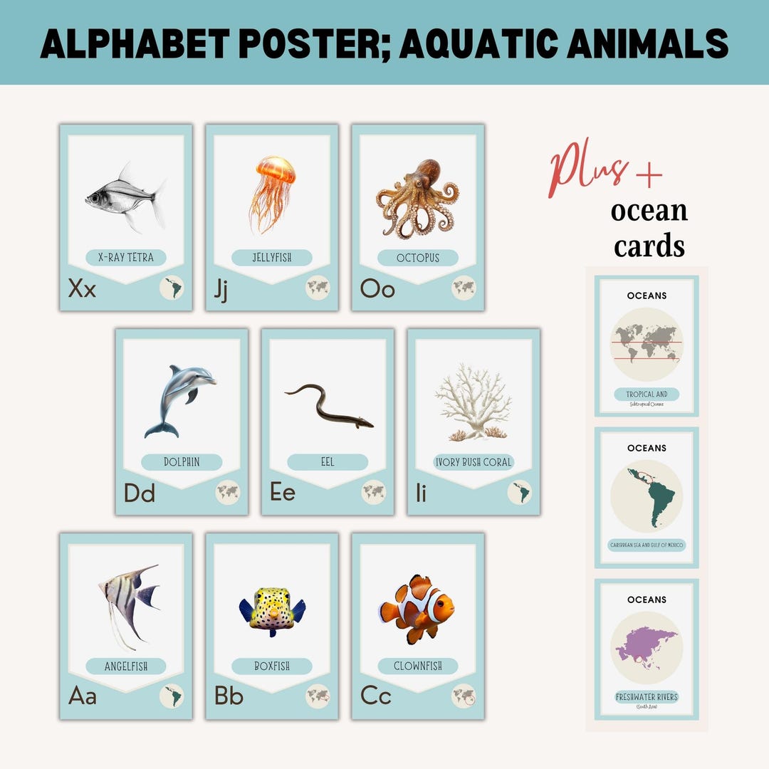 Alphabet Poster Card Set, Printables for Kids, Aquatic Animals ...
