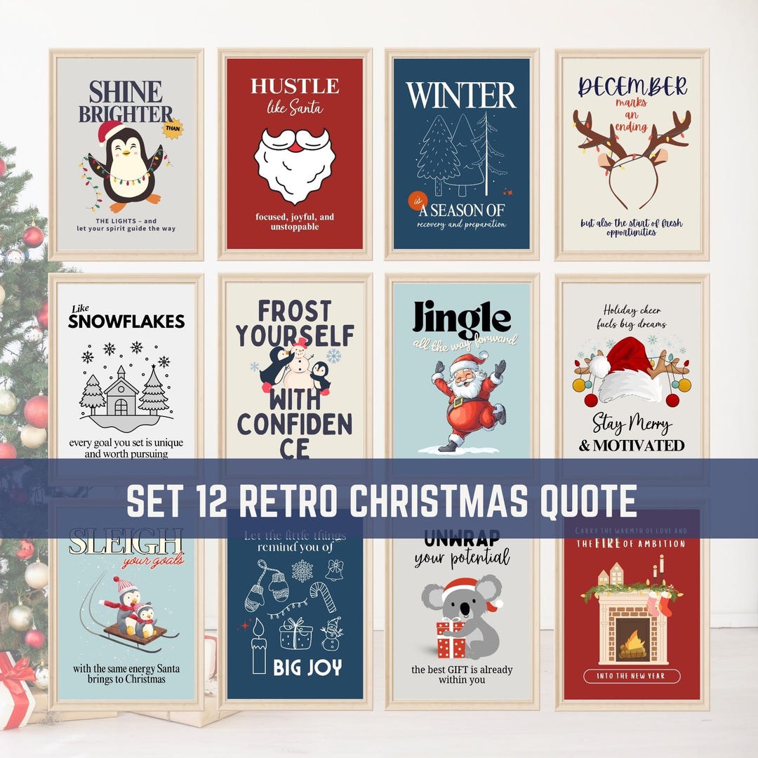 Retro Christmas Quote Posters Set, Blue Red Holiday Wall Art, Vintage ...